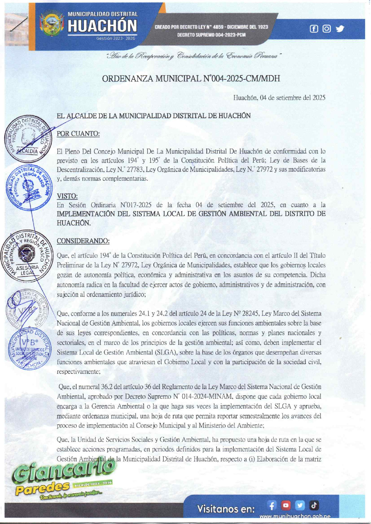 Ordenanza Municipal N° 004-2025-CM/MDH | SINIA