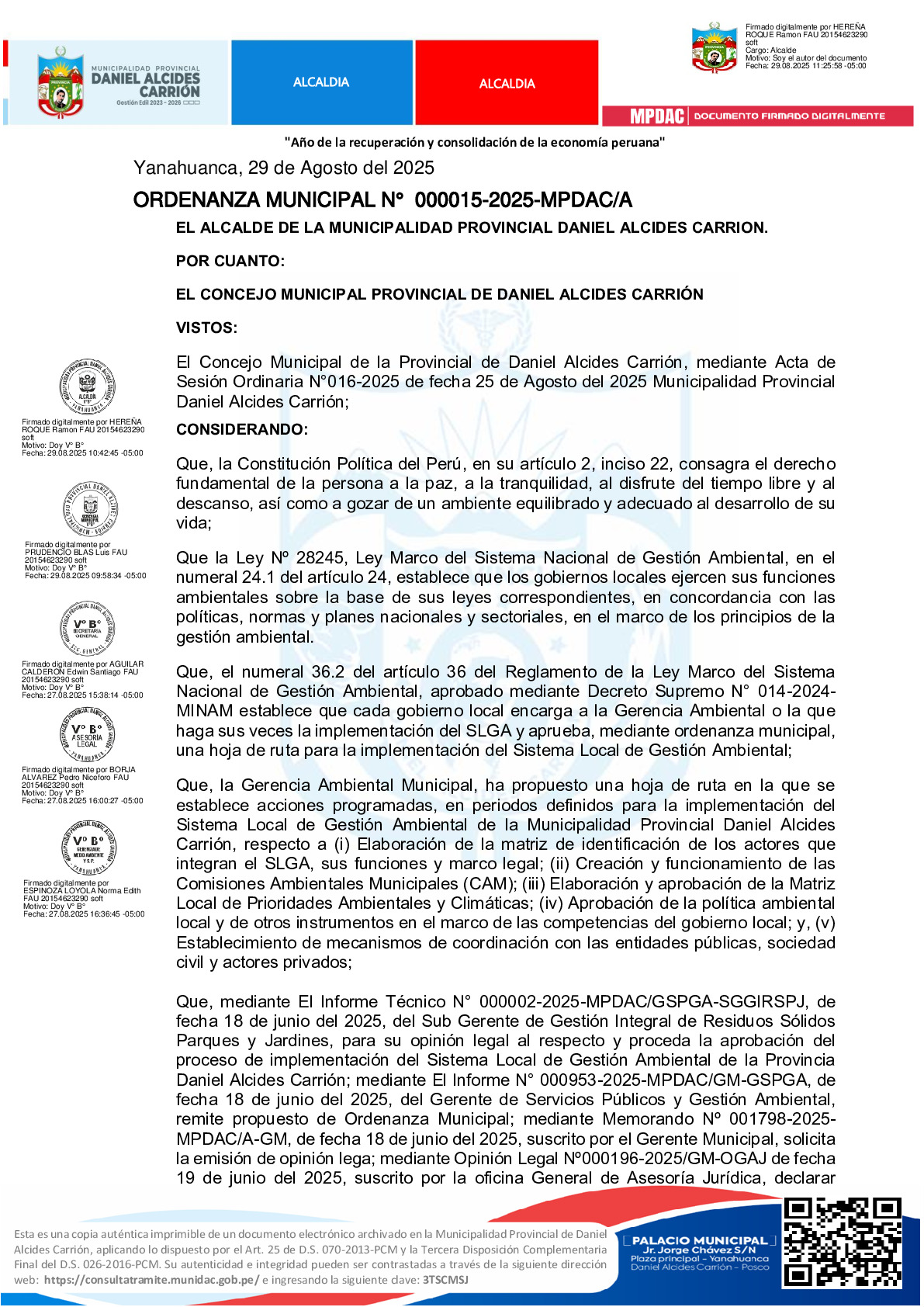 Ordenanza Municipal N° 000015-2025-MPDAC/A | SINIA