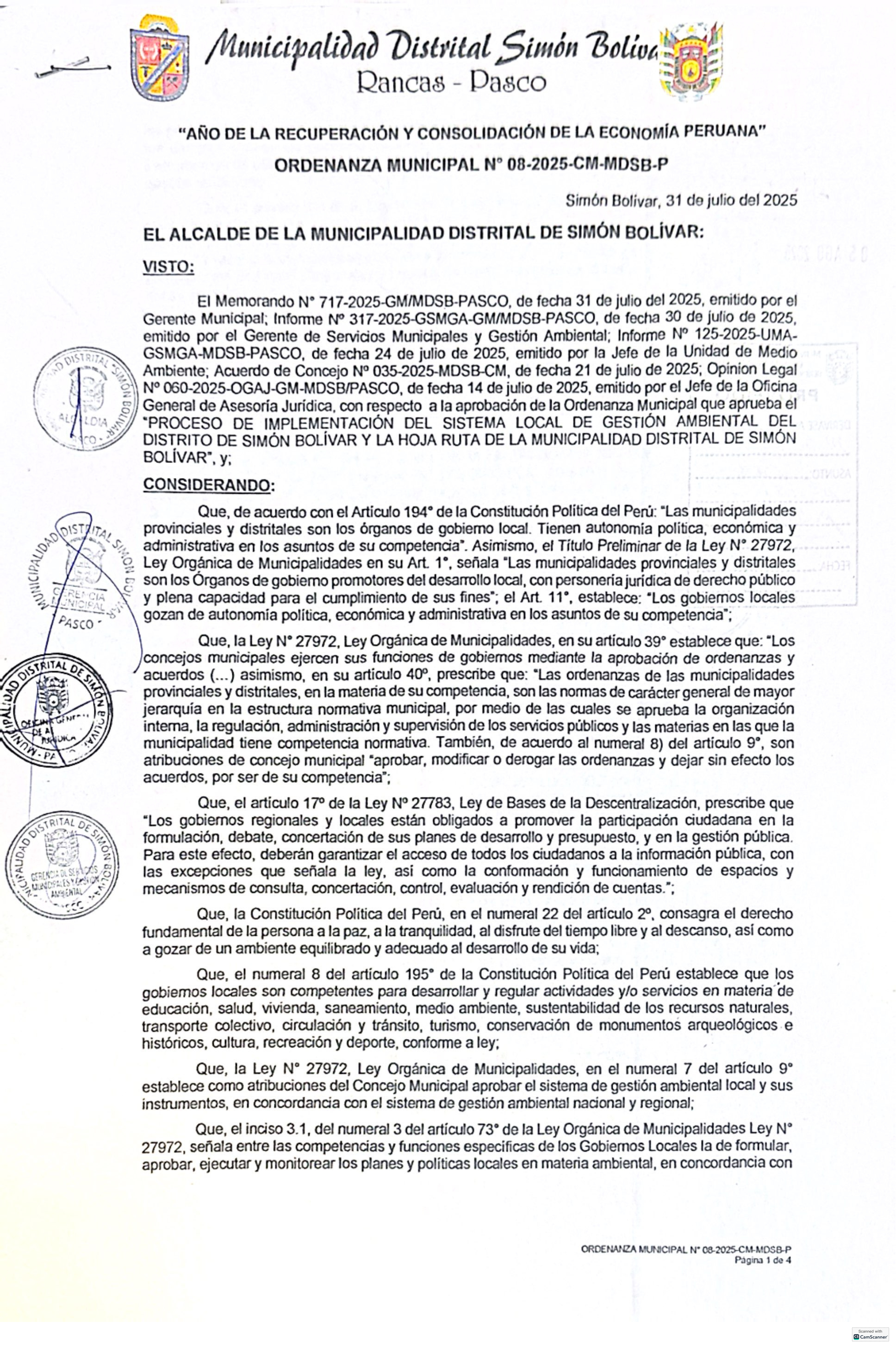 Ordenanza Municipal N° 08-2025-CM-MDSB/P | SINIA
