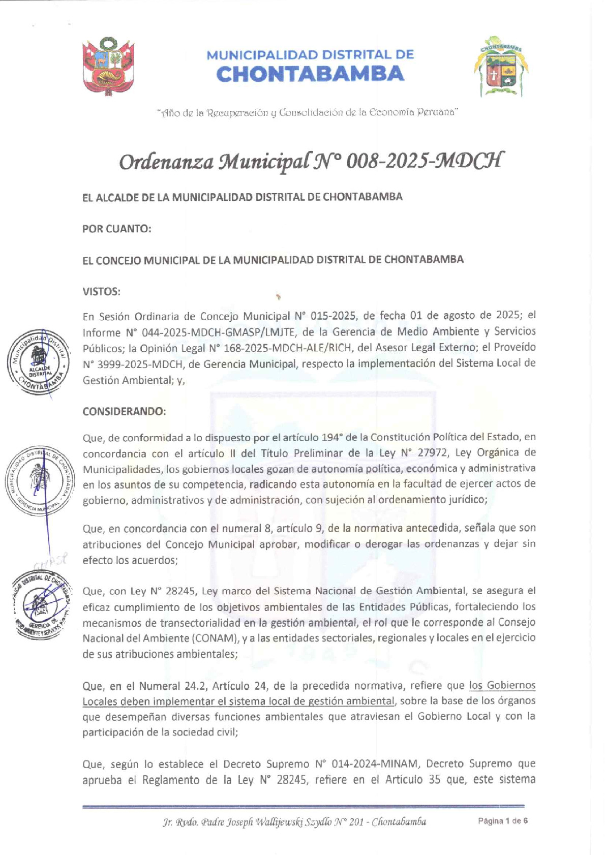 Ordenanza Municipal N° 008-2025-MDCH | SINIA